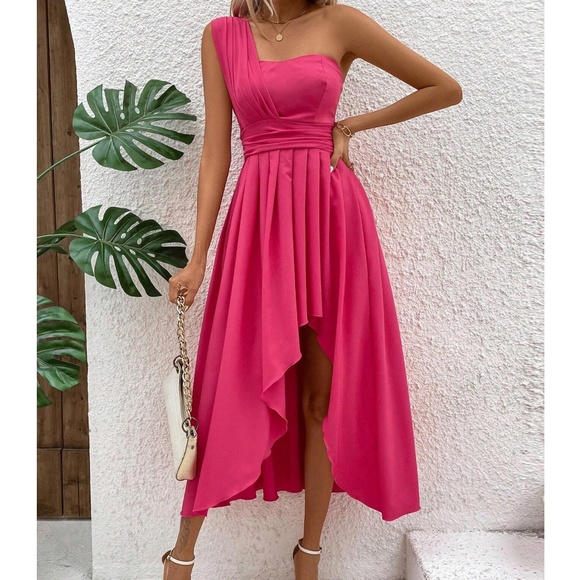 Dresses | Luxe Hot Pink One Shoulder Pleated High Low Evening Party ...